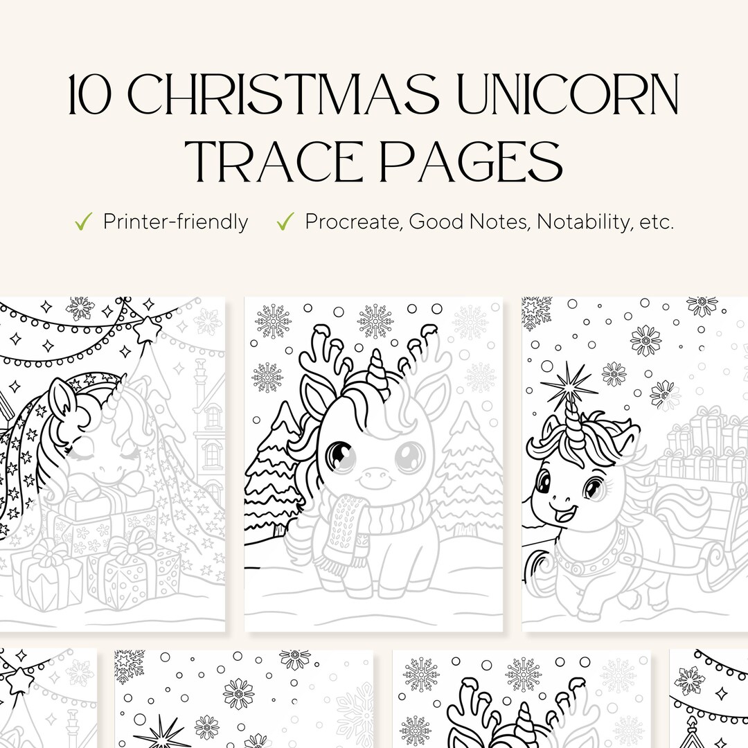10 Christmas Unicorns Trace & Color Pages – Stress Relief, Art Therapy ...