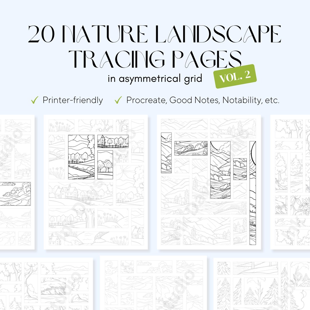 20 Nature Landscape Tracing Pages Vol 2 – Asymmetrical Grid – Stress ...
