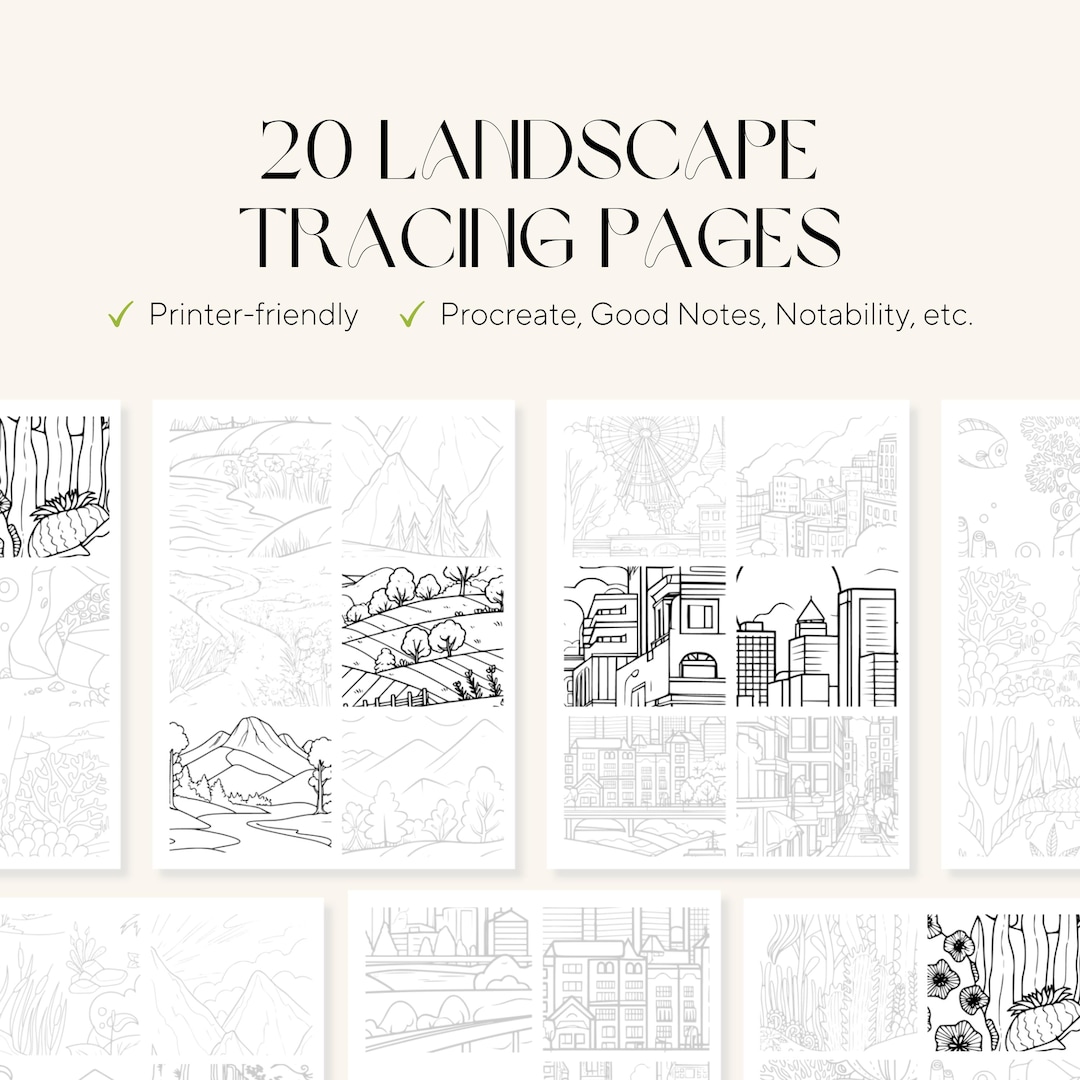 20 Landscape Tracing Pages – 120 Designs – Art Therapy, Stress Relief ...