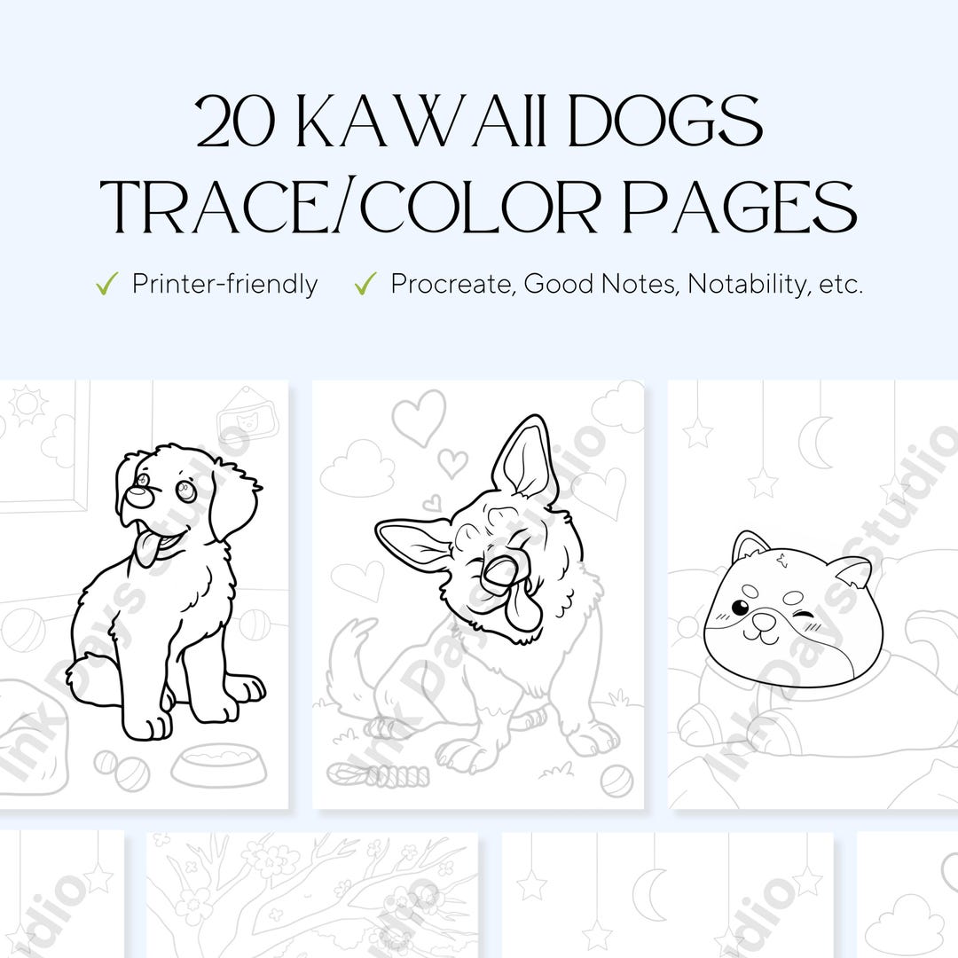 20 Kawaii Dogs Trace/coloring Pages - Adult Coloring/tracing Pages ...