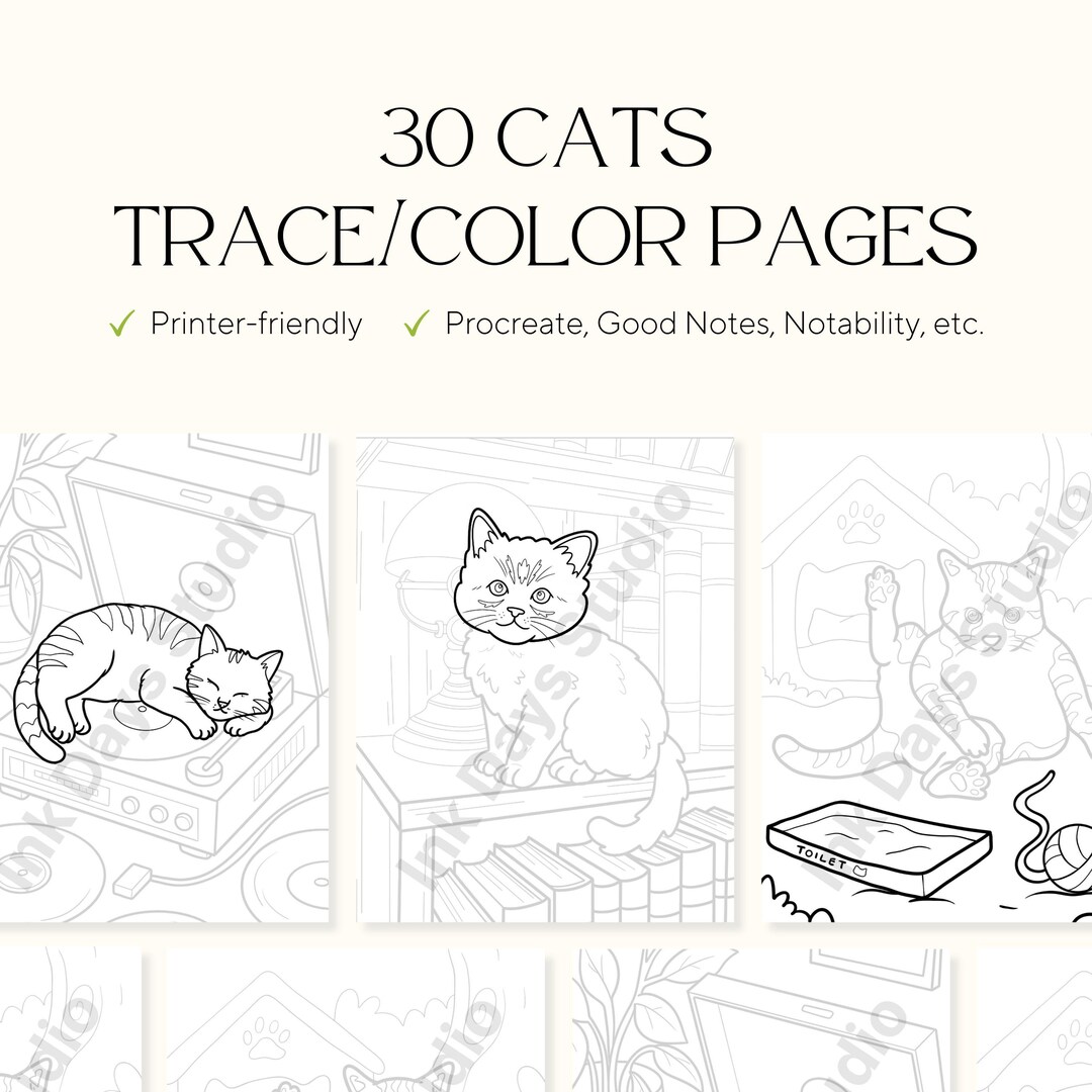 30 Cats Trace/coloring Pages - Adult Coloring/tracing Pages - Stress ...