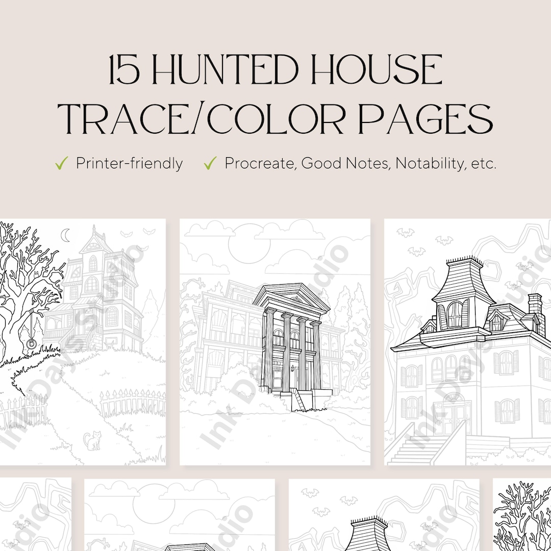 15 Haunted House Trace & Color Pages – Adult Stress Relief Designs (PDF ...