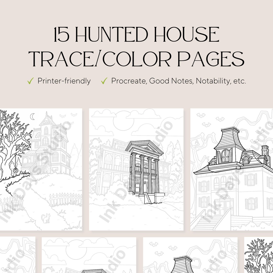 15 Haunted House Trace & Color Pages – Adult Stress Relief Designs (PDF ...