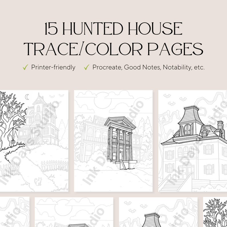 15 Haunted House Trace & Color Pages – Adult Stress Relief Designs (PDF ...