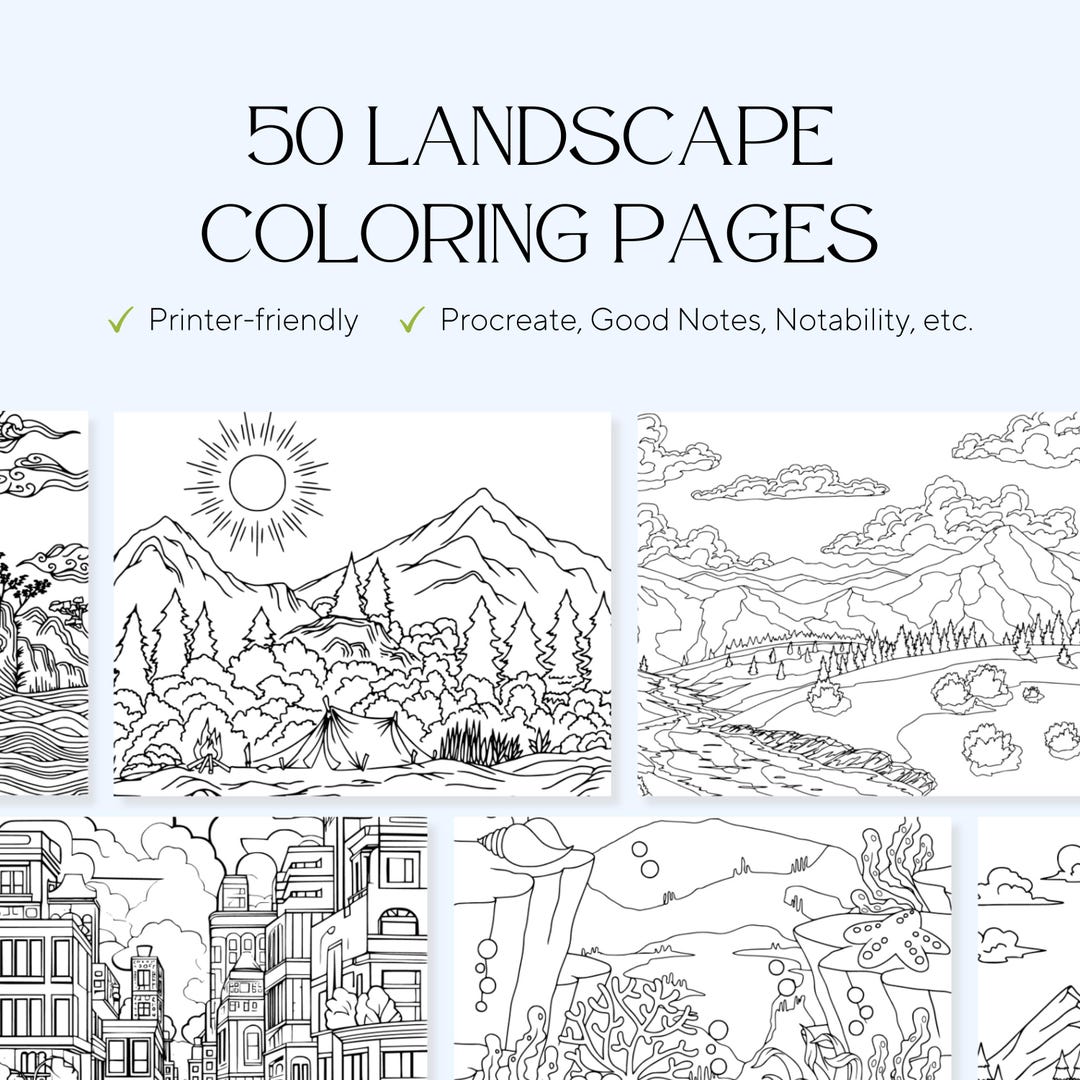50 Landscape Coloring Pages – Stress Relief, Art Therapy (PDF) - Etsy