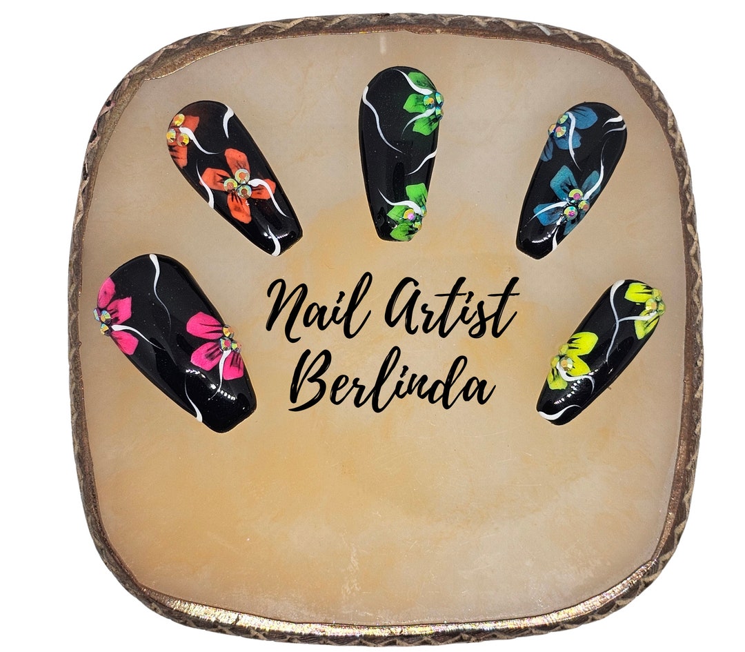 Black Coffin Shaped Press-on Nails Handpainted With Pastel Flowers and ...