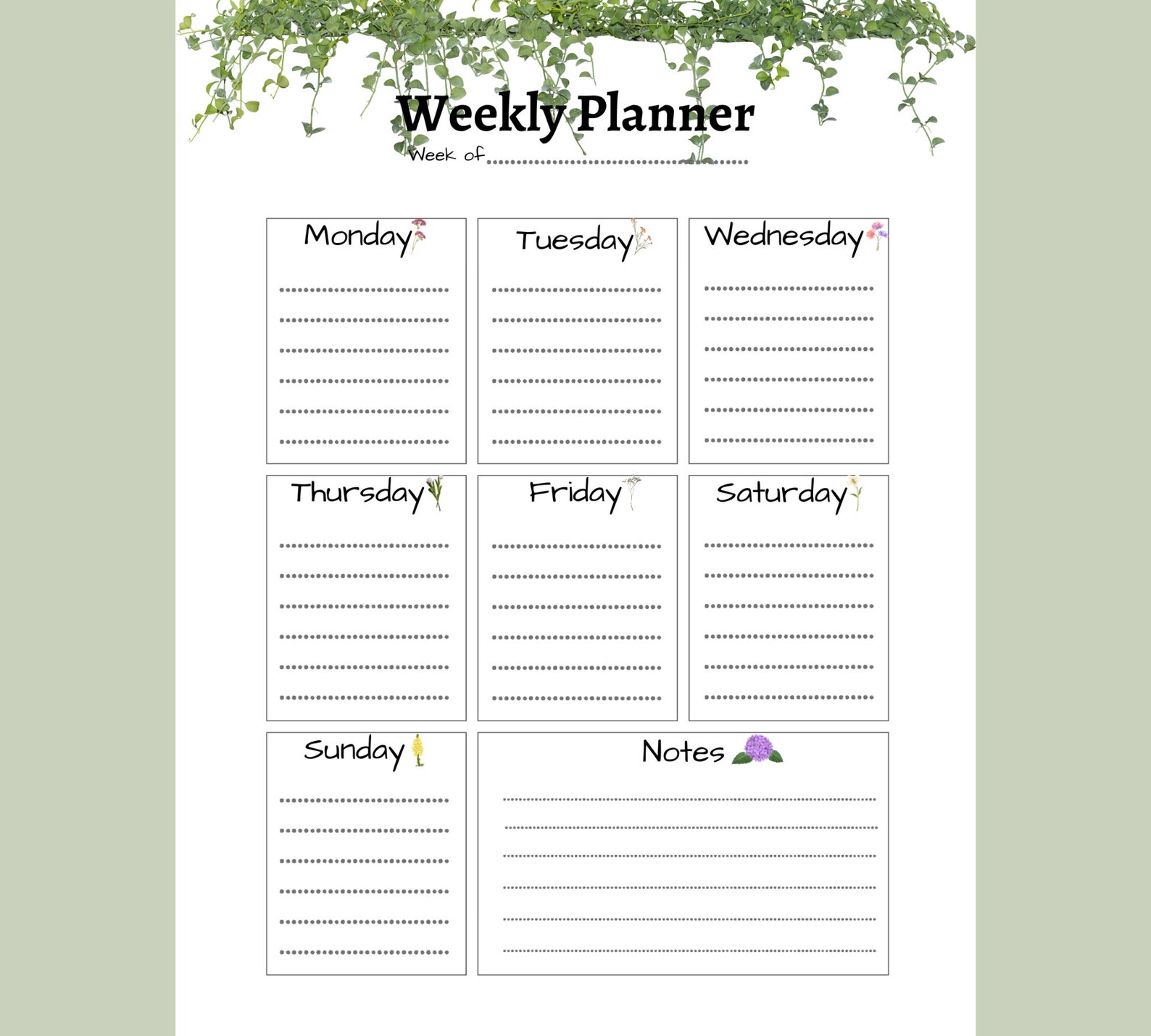 Printable Weekly Planner Plant Themed Portrait Weekly to Do List Green ...