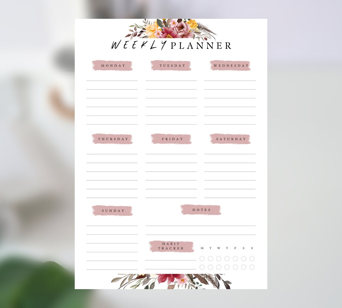 Weekly Planner Flowers Printable Vertical With Notes and Habit - Etsy UK