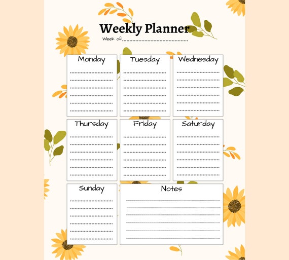 Printable Weekly Planner Sunflower Themed Portrait - Etsy