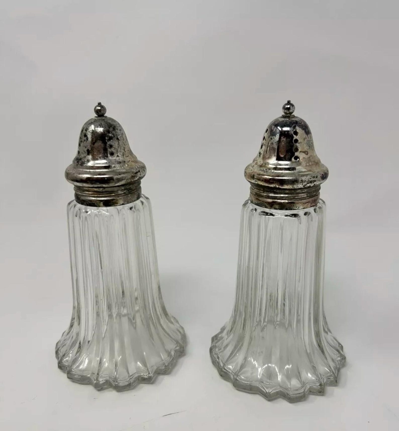 Vintage Large 6 Inch Fluted Glass and Silver Plate Top Salt and Pepper ...