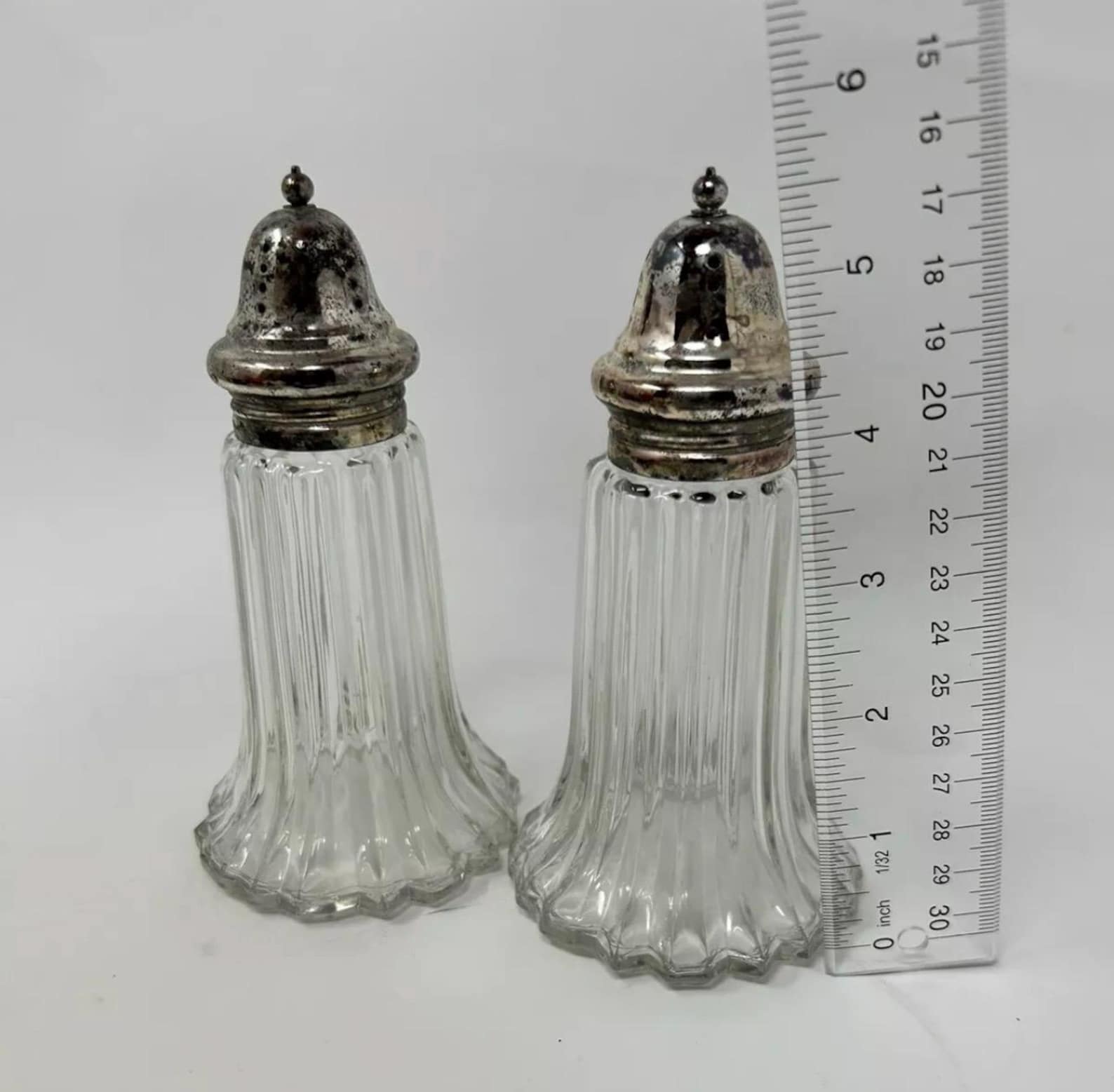 Vintage Large 6 Inch Fluted Glass and Silver Plate Top Salt and Pepper ...