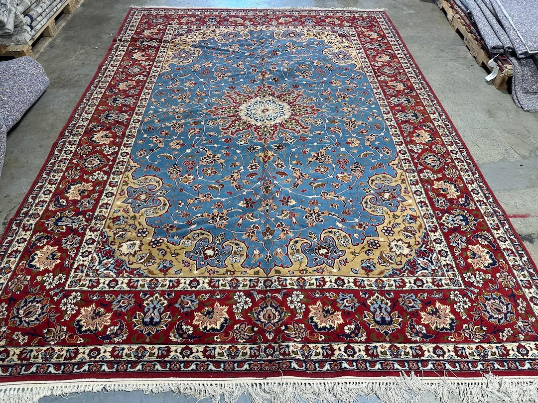 Vintage Azeri Rug 9x12 • Light Blue Floral Medallion, Oriental Design ...