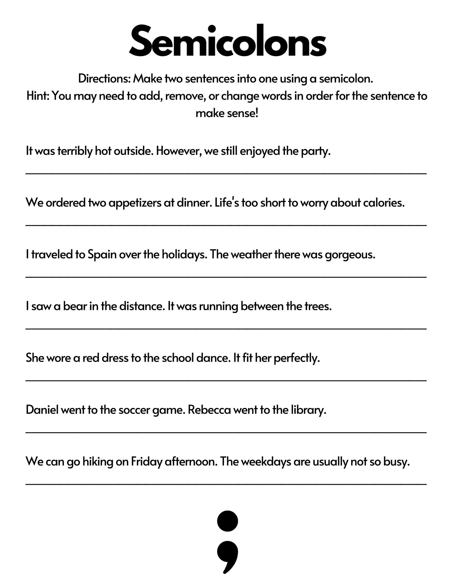 Semicolon English Language Worksheet PDF | Grammar and Punctuation ...