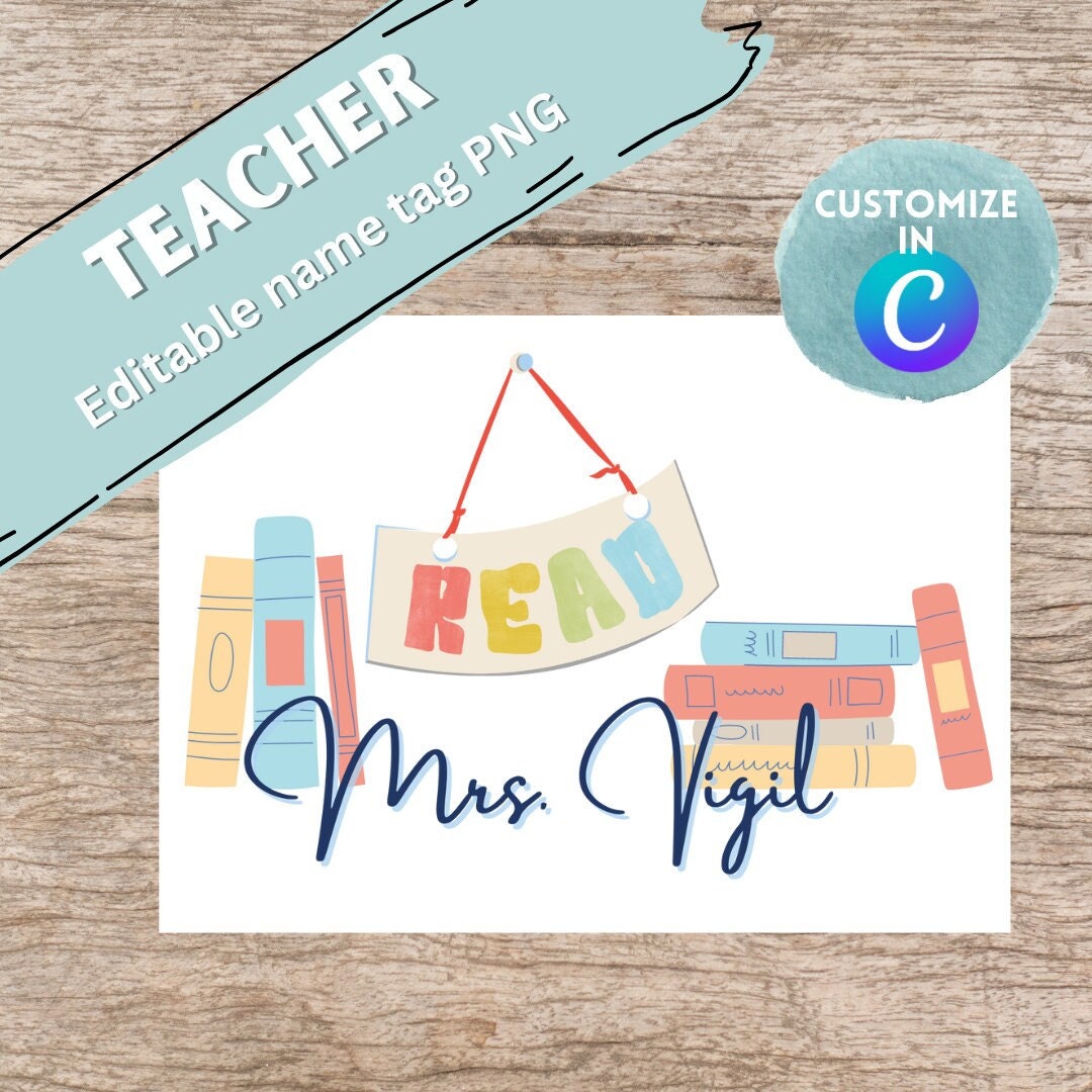 Canva PNG Editable Teacher Name Tag- Reading Theme - Etsy