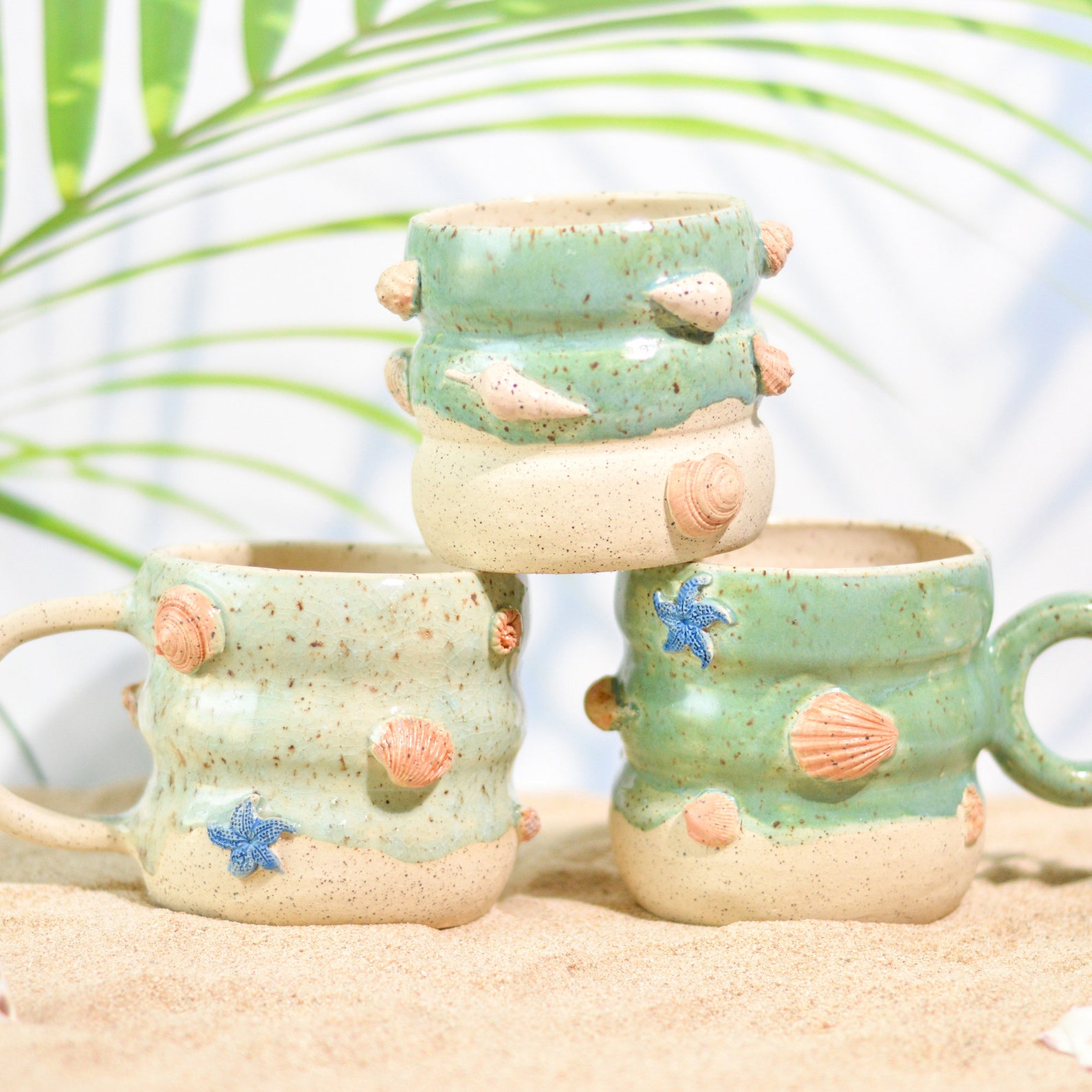 Beach Mugs Wave Cup Ceramic Sand Shell Handmade Sea Summer Artisan ...