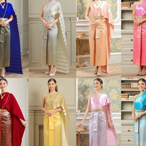 Silver Traditional Thai Dress Sabai And Sinh Outfit Set Etsy