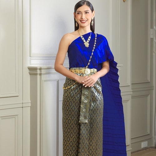 Royal Blue Traditional Thai Dress Sabai And Sinh Outfit Set Etsy