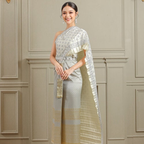 Silver Traditional Thai Dress Sabai And Sinh Outfit Set Etsy