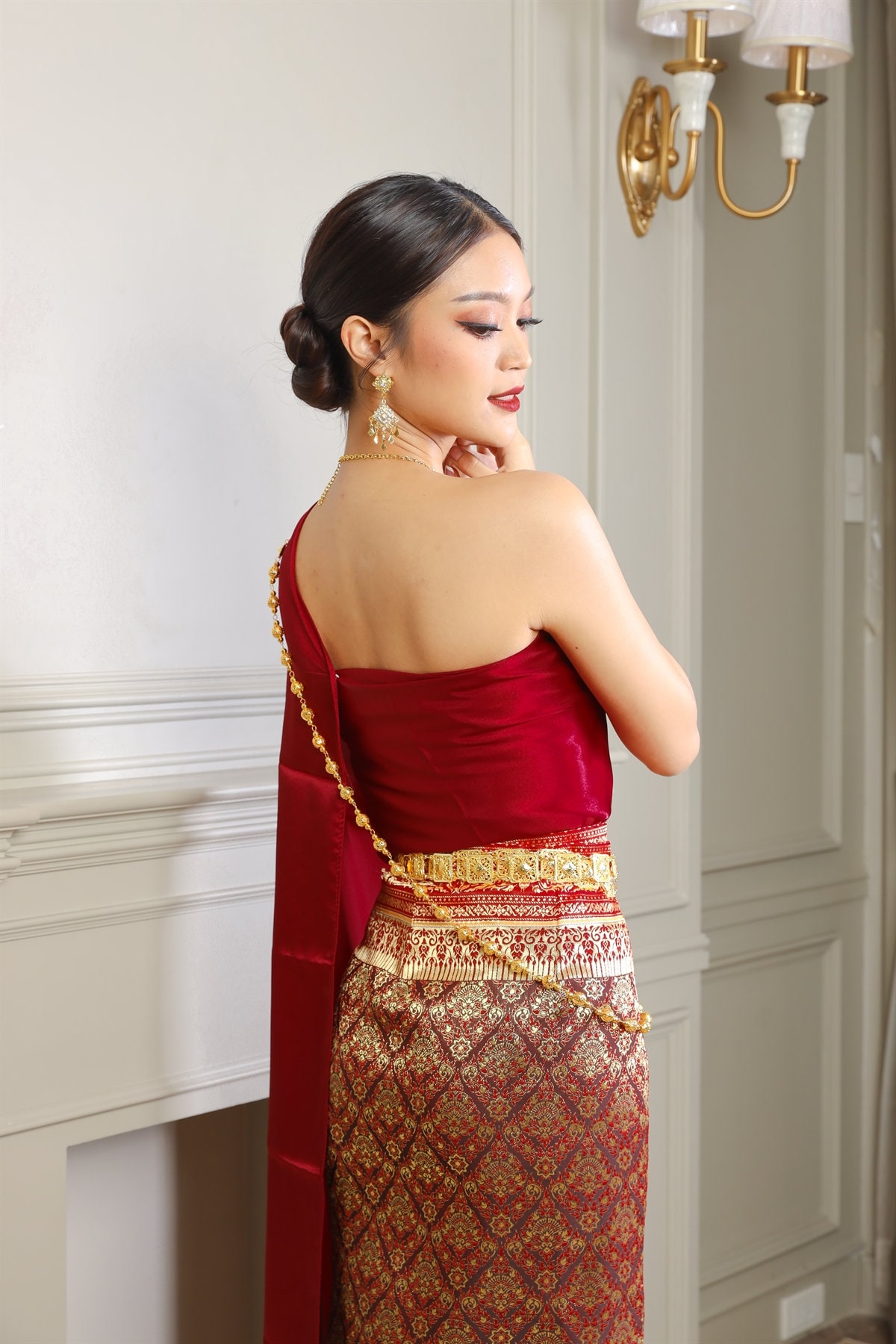 Red Traditional Thai Dress Sabai And Silk Skirt Outfit Set Etsy