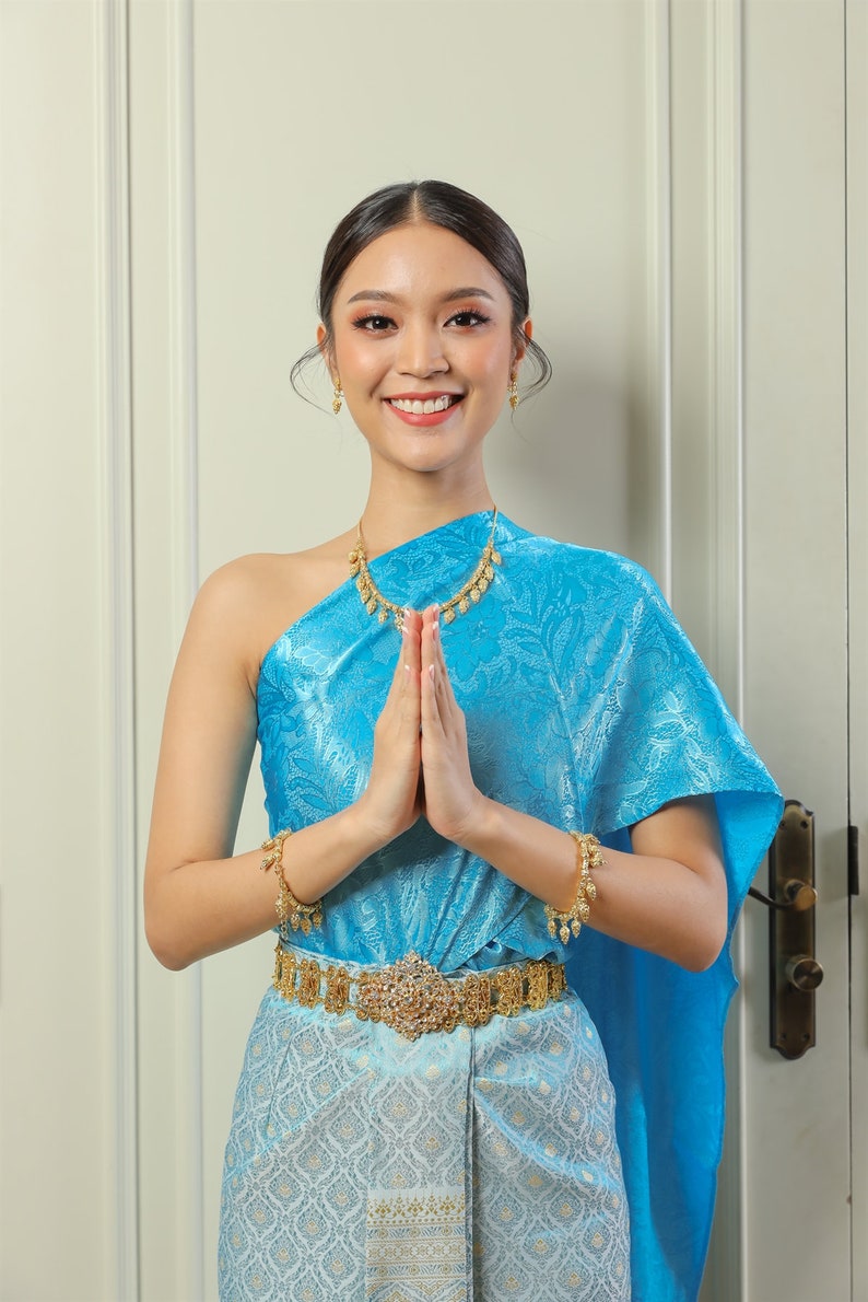Blue Traditional Thai Dress Sabai And Sinh Outfit Set High Quality