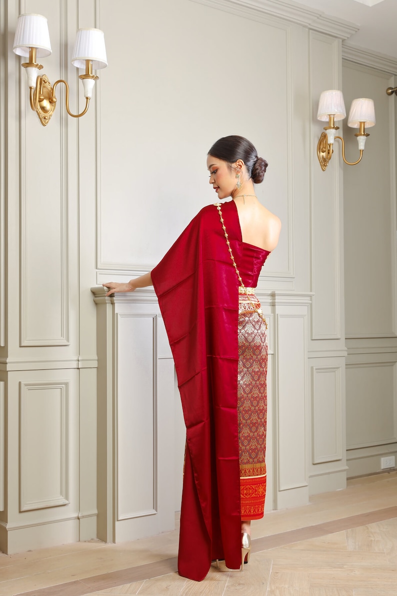 Red Traditional Thai Dress. Sabai & Silk Skirt Outfit Set. High-quality ...