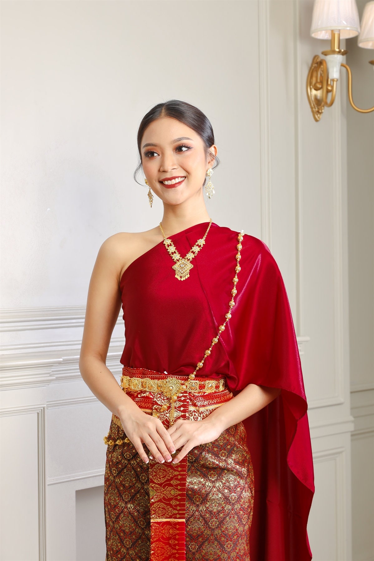 Red Traditional Thai Dress Sabai And Silk Skirt Outfit Set Etsy