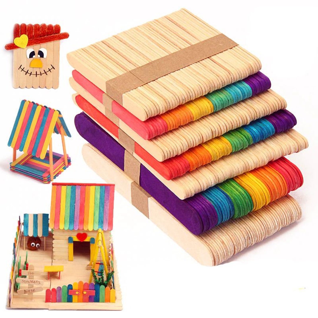 50pcs Colorful Wooden Popsicle Sticks Natural Wood Hand Crafts Art Ice ...