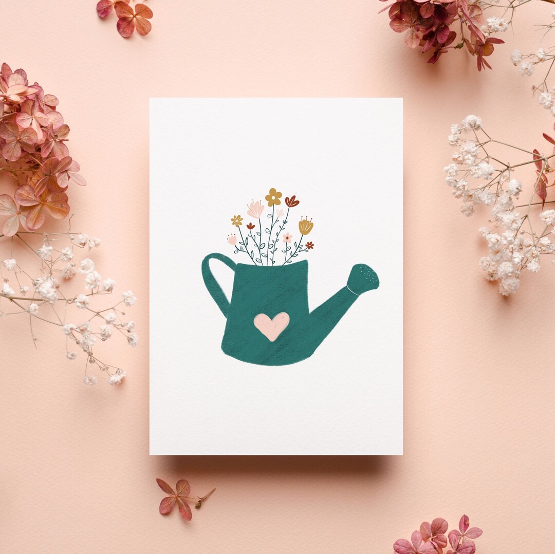 Spring Floral Card Printable, Mothers Day Card, Garden Watering Can ...