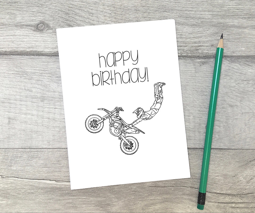 Printable Dirt Bike Birthday Card, Coloring Birthday Greeting Card, Motocross Birthday Card, Boy ...