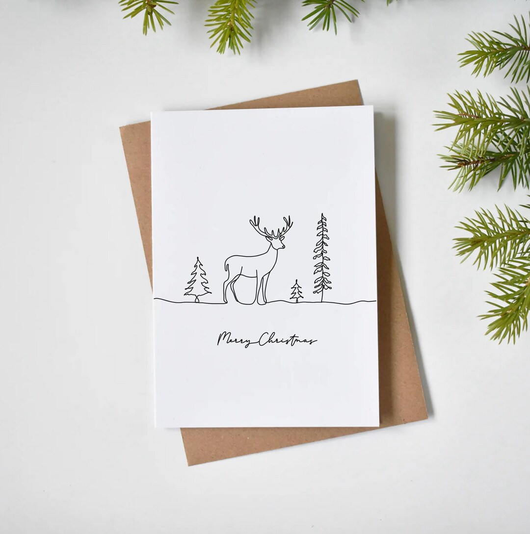 Minimalist Christmas Printable Greeting Card, Line Drawing Reindeer ...