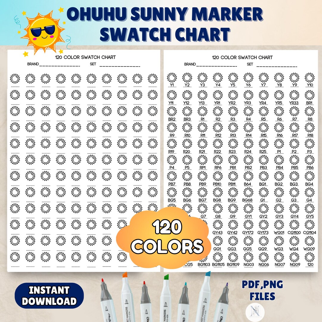 Ohuhu 120 Sunny Marker Swatch Chart, Digital Coloring Swatch Sheet ...