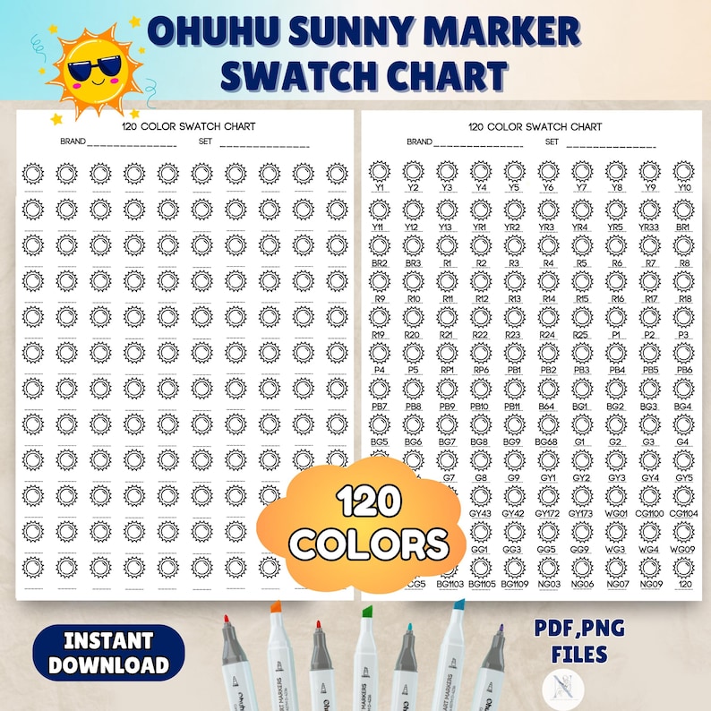 Ohuhu 120 Sunny Marker Swatch Chart, Digital Coloring Swatch Sheet ...