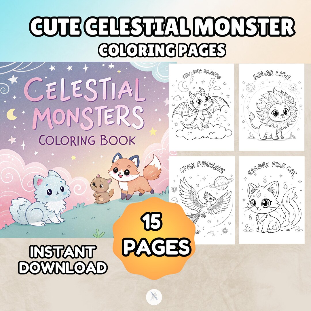 Cute Celestial Monster Coloring Pages | Starry Night Fantasy Creatures ...