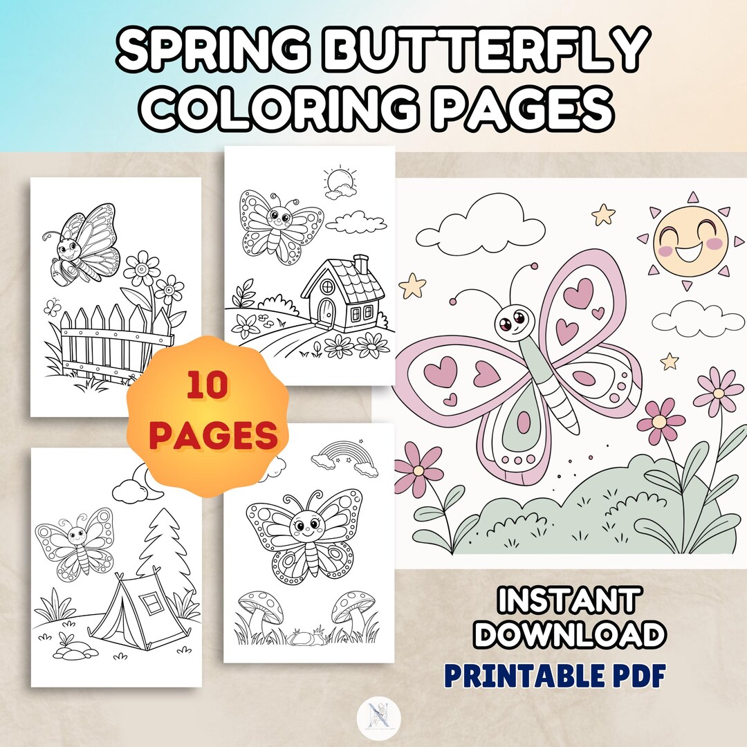 Cute Spring Butterfly Coloring Pages for Kids and Adults, Printable ...