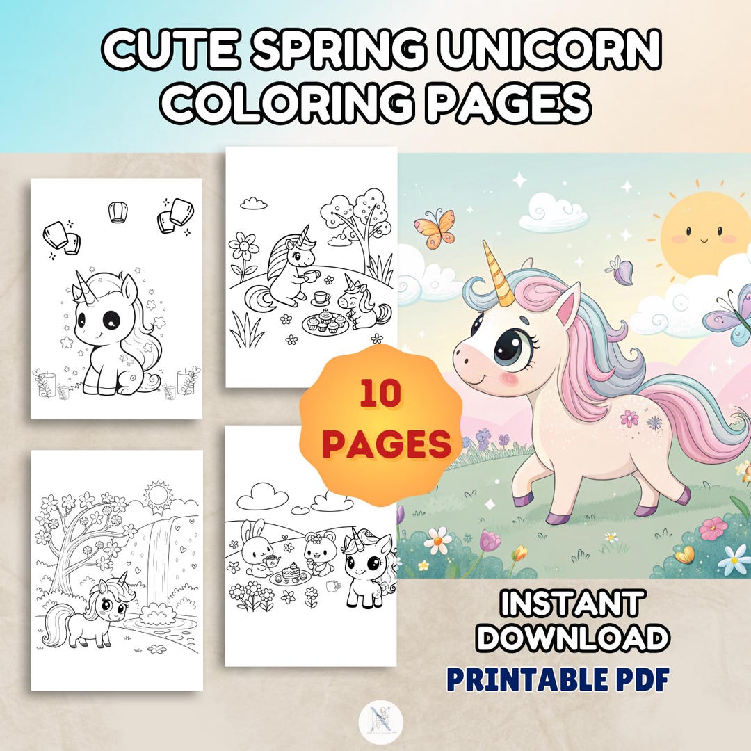 Cute Spring Unicorn Coloring Pages for Kids & Adults – Digital Download ...
