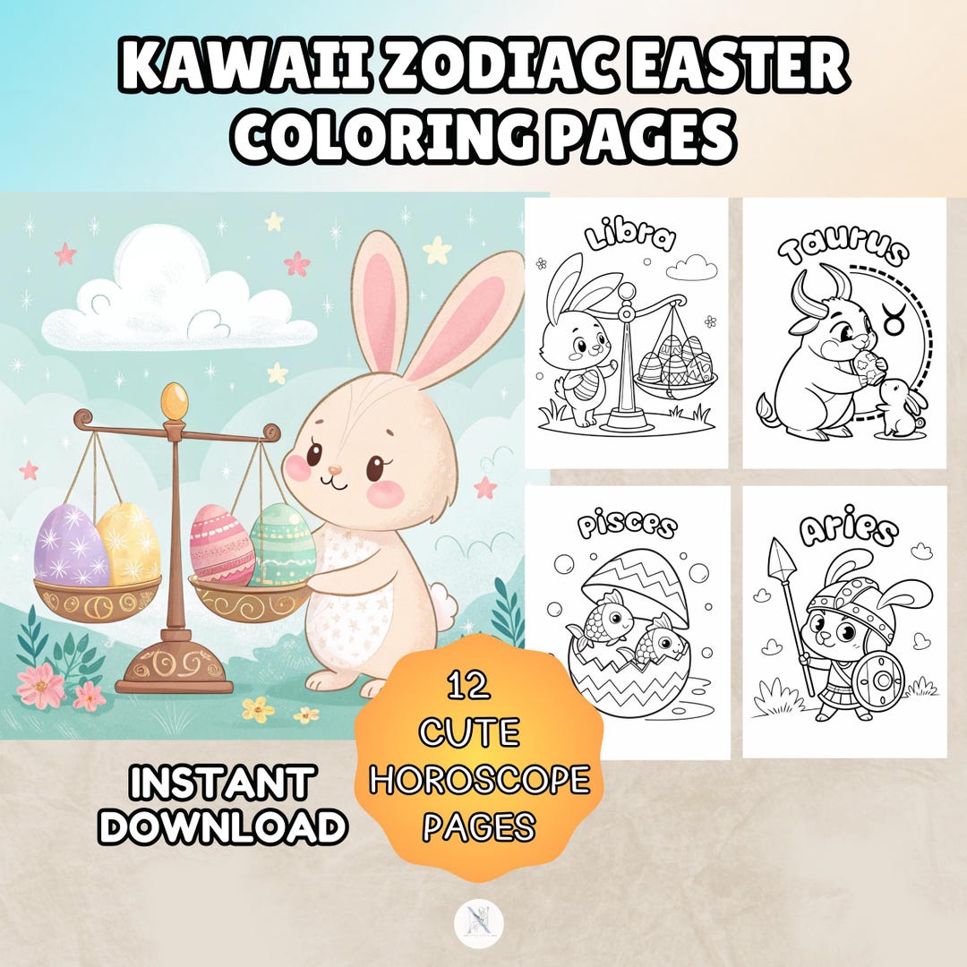 Kawaii Zodiac Easter Coloring Pages | 12 Astrology Signs Digital ...
