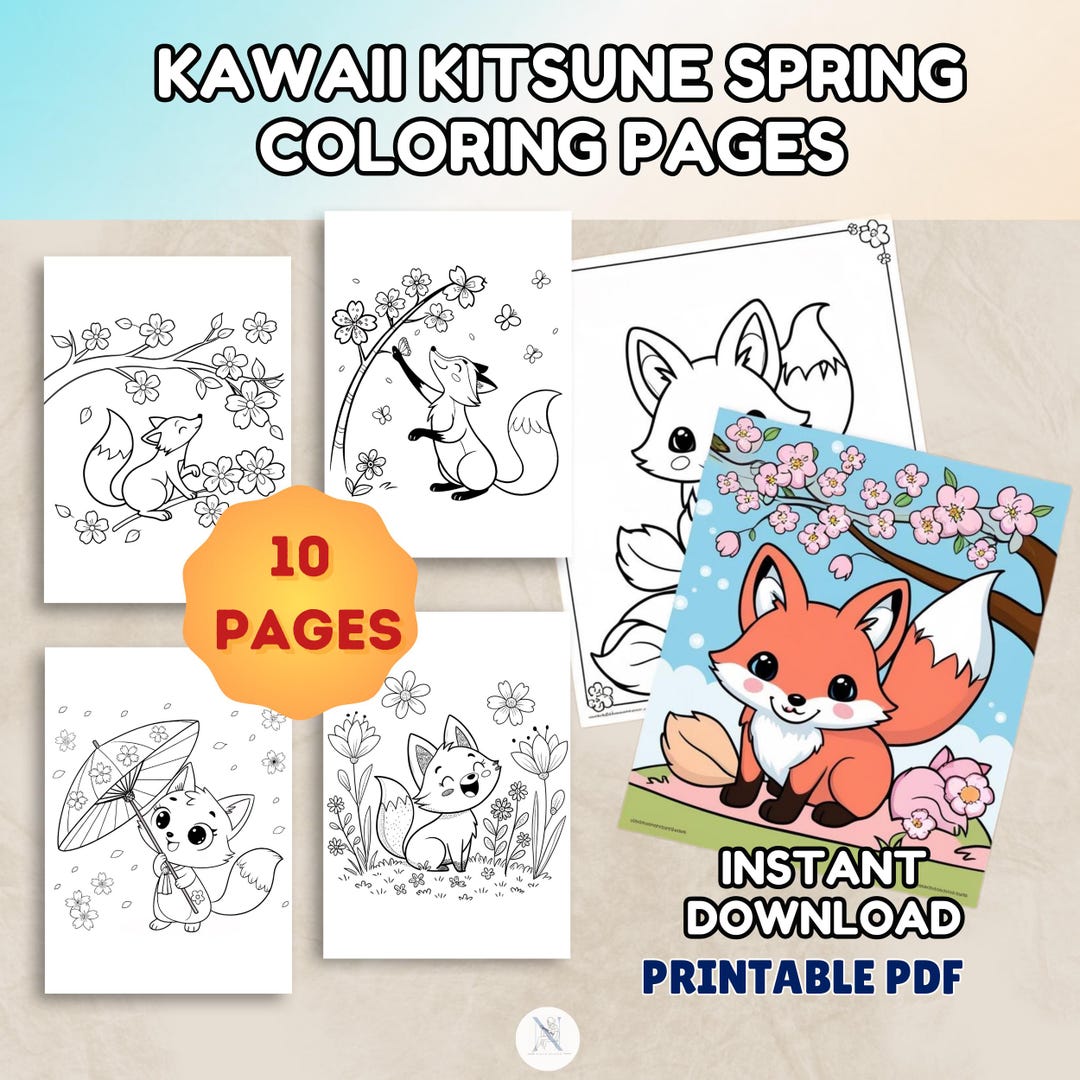 Kawaii Kitsune Coloring Pages | Japanese Fox Printable | Spring ...