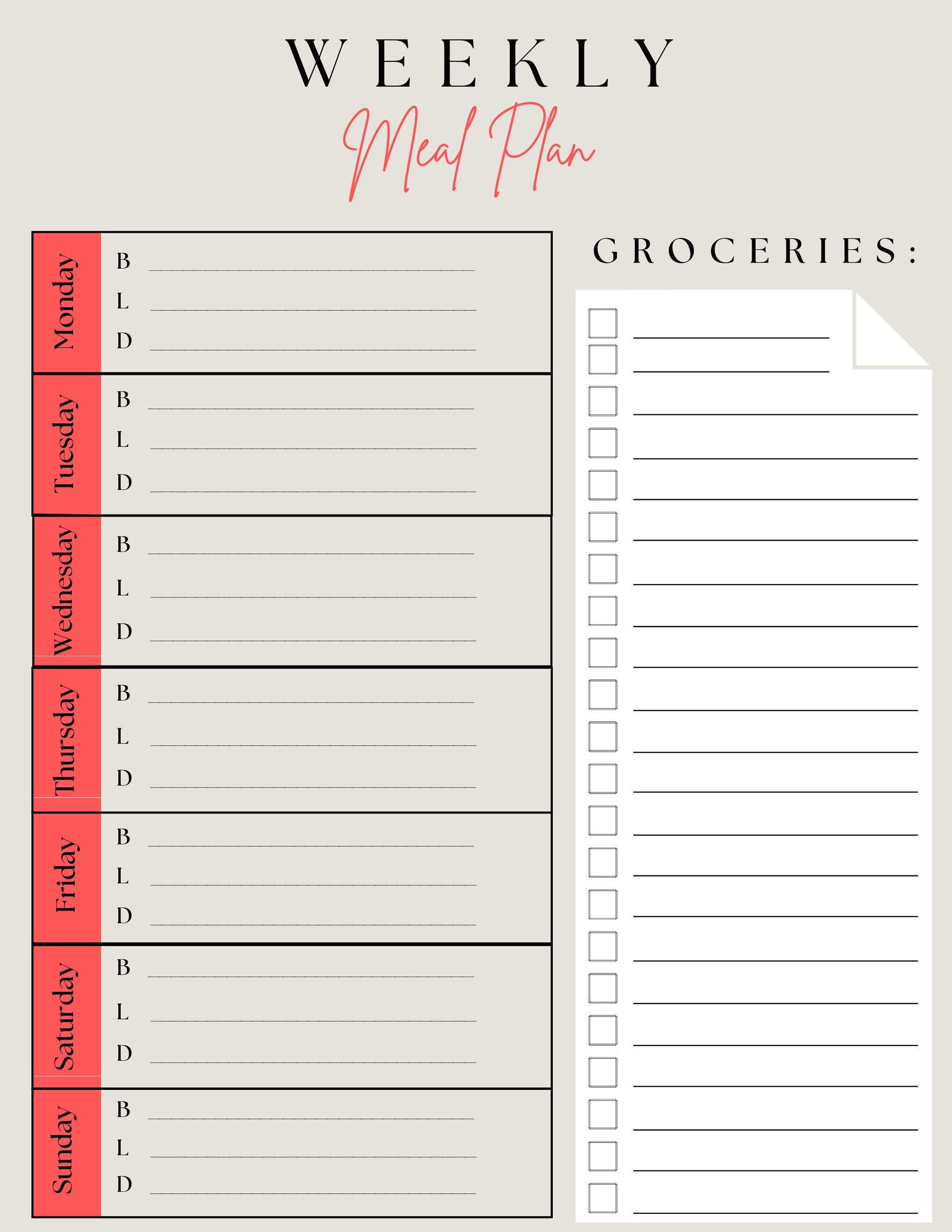 Weekly Meal Plan Sheet - Etsy