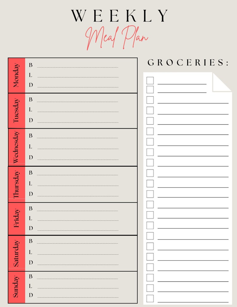 Weekly Meal Plan Sheet - Etsy