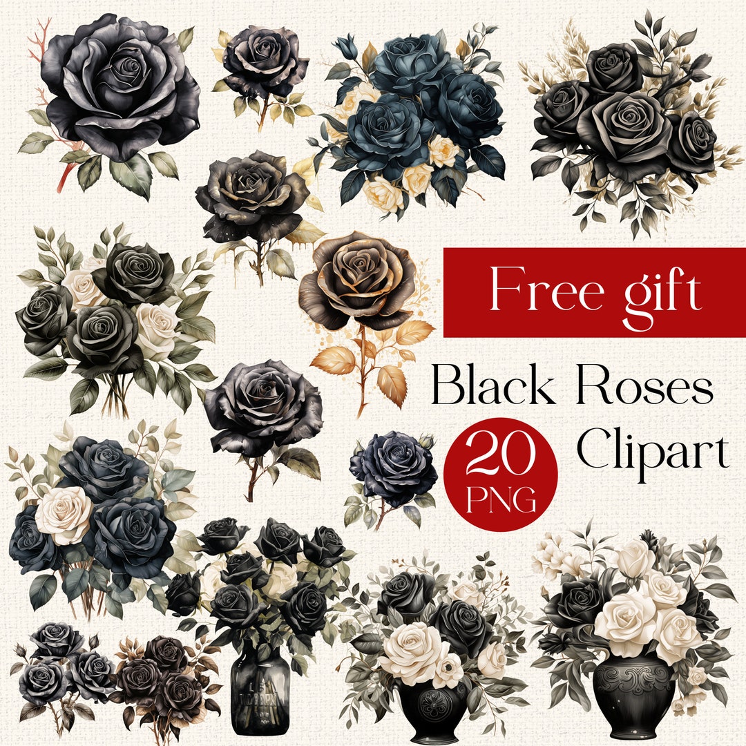 Black Watercolor Roses Clipart, Floral Roses and Leaves PNG, Bouquet of ...