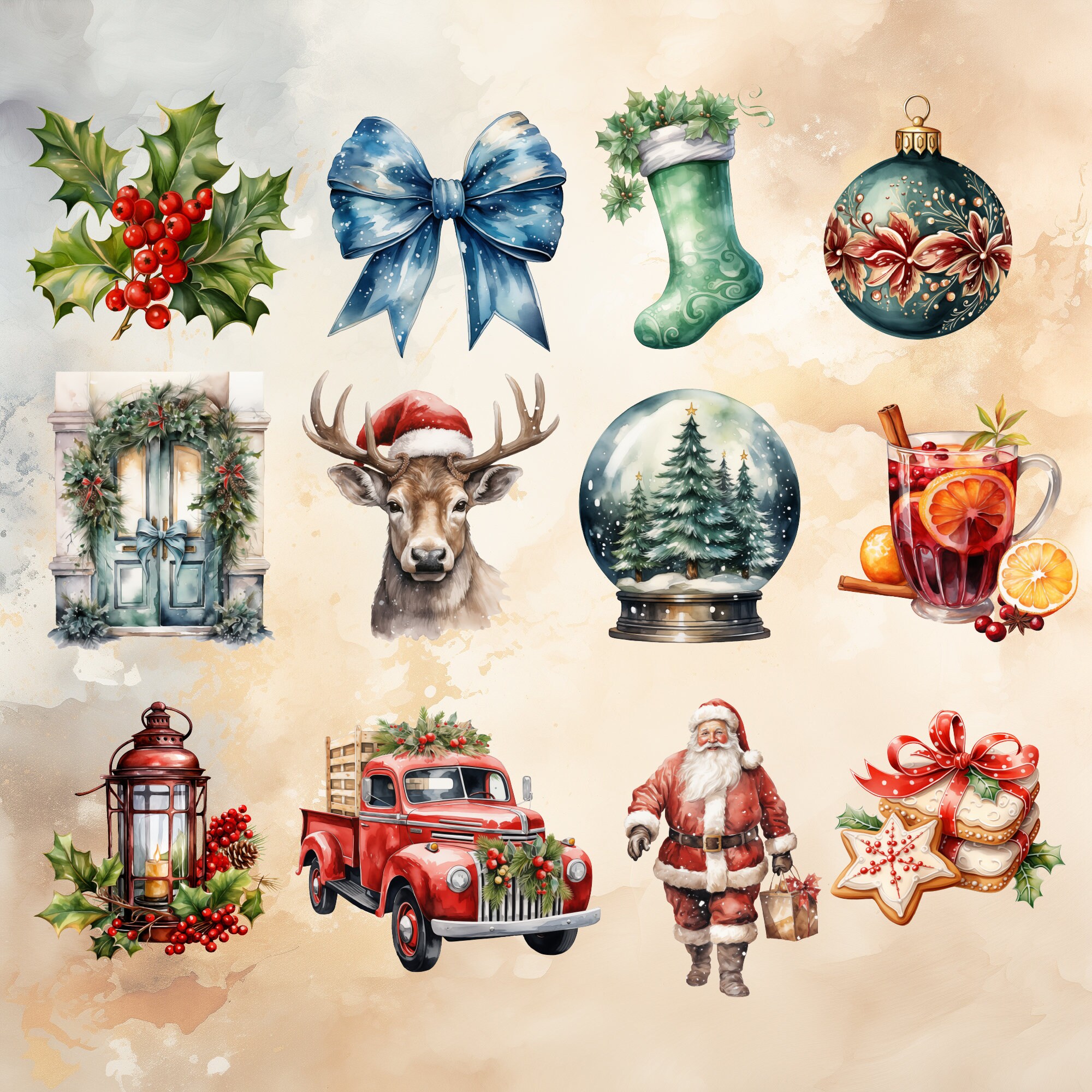Watercolor Christmas Clipart, Christmas PNG, Holiday Clipart, Set of ...