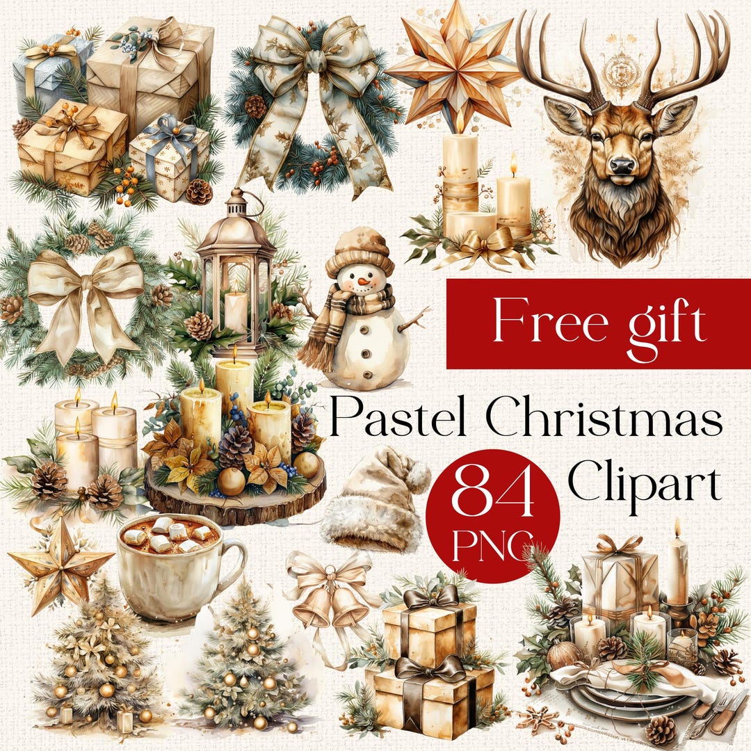84 Watercolor Pastel Christmas Clipart, Cozy Christmas, Boho Christmas ...