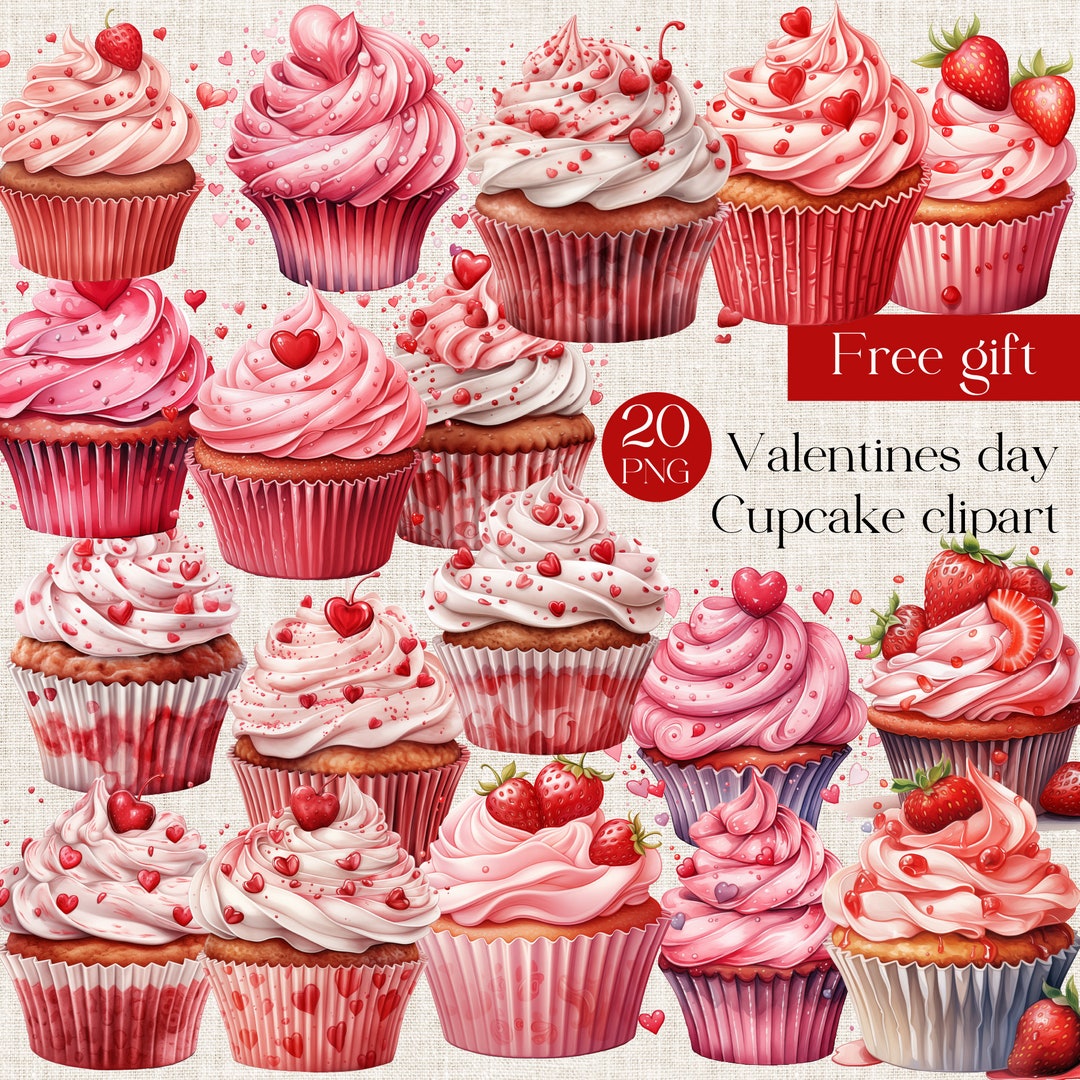 Valentine's Day Cupcake Clipart, Romantic Watercolor Cupcakes ...