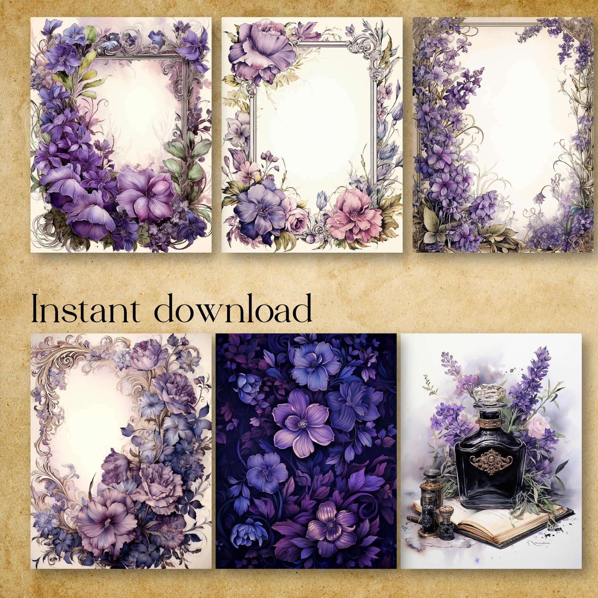 Large Bundle, Purple Junk Journal Paper, Digital Download, Watercolor ...