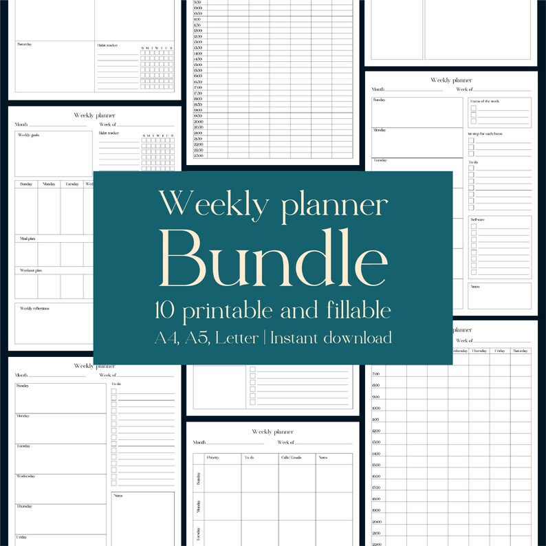 Weekly Printable, Fillable Planner Bundle. Monday&sunday Start, A4 ...