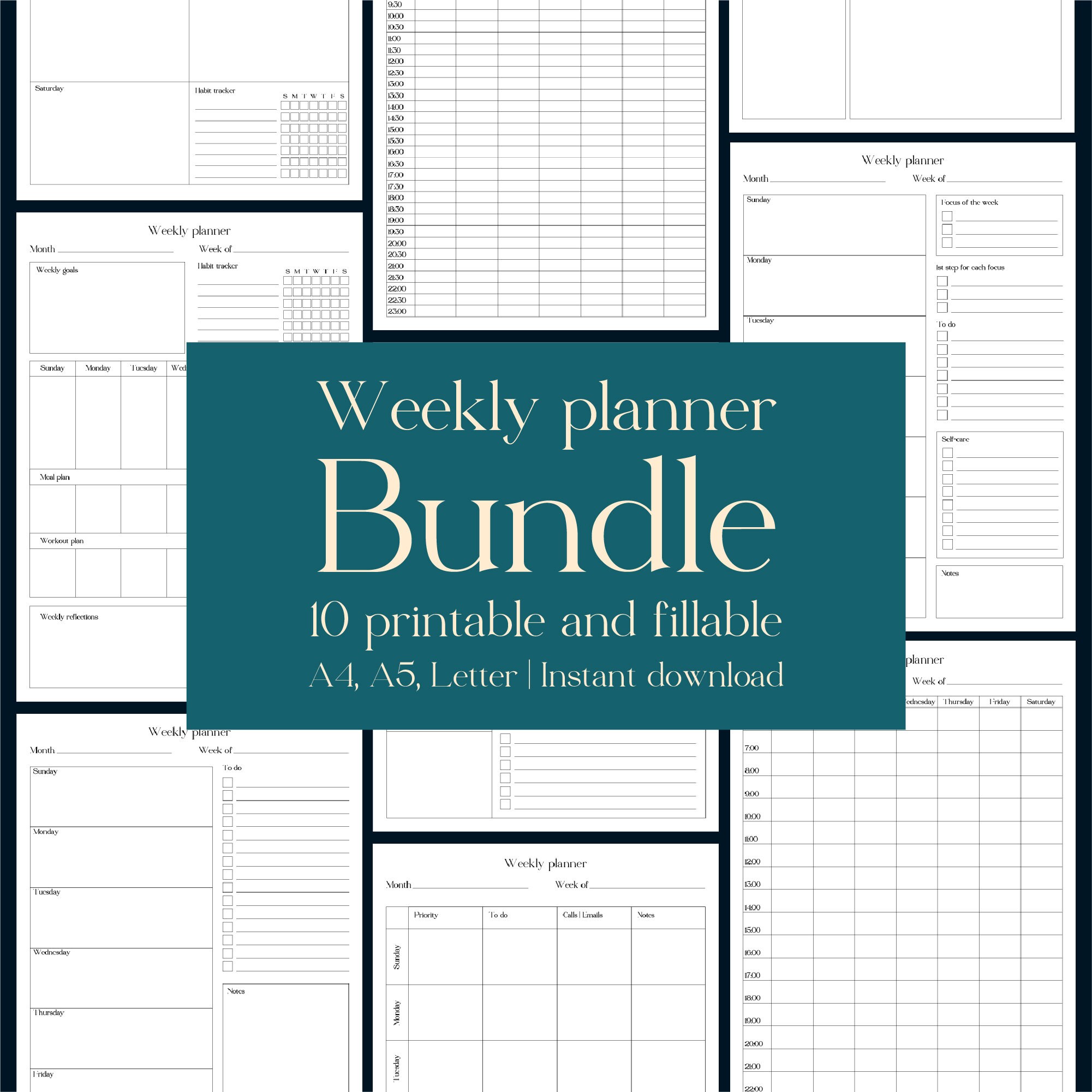 Weekly Printable Fillable Planner Bundle. Monday&sunday - Etsy