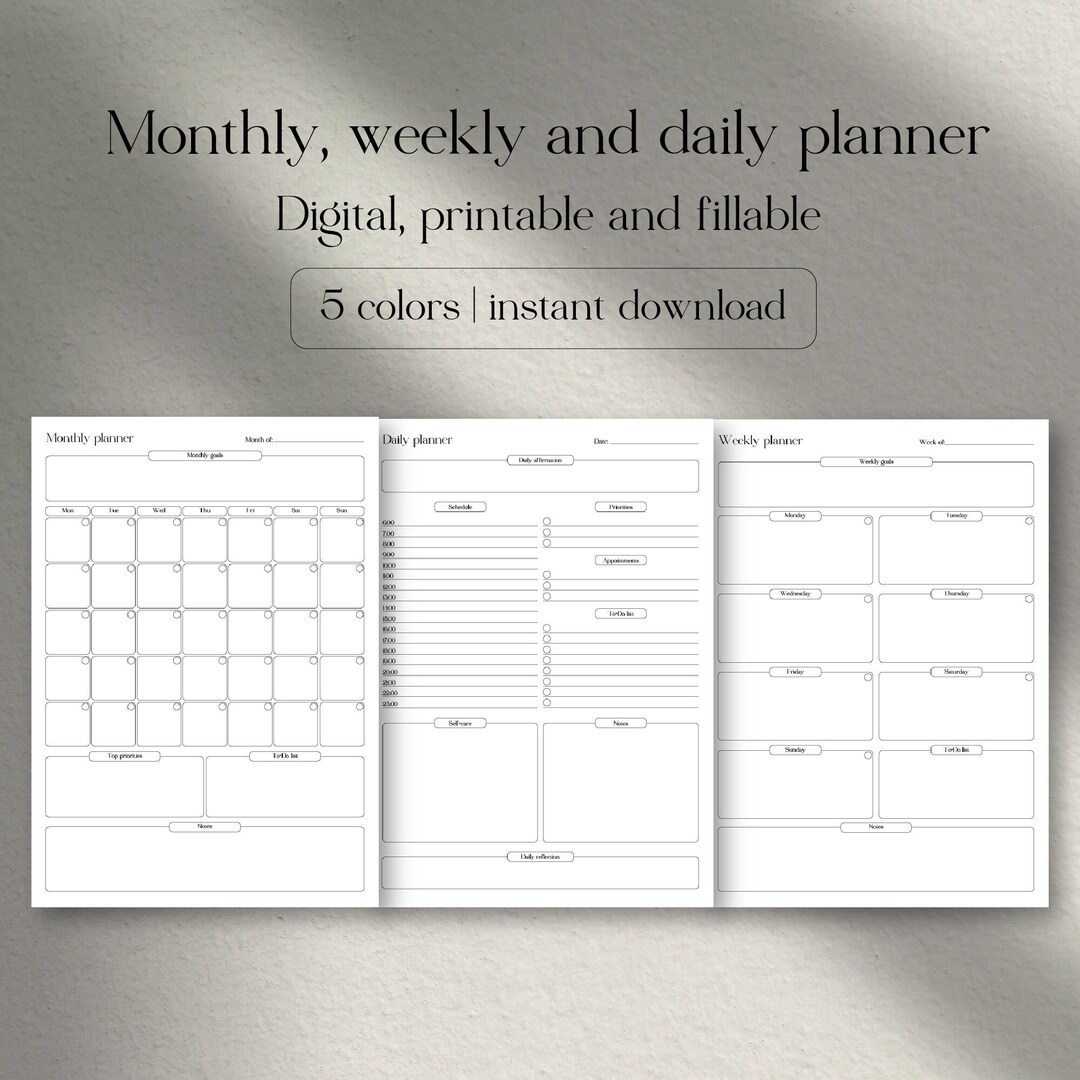 Monthly, Weekly, Daily Printable Minimalistic Planner. Month, Week at ...
