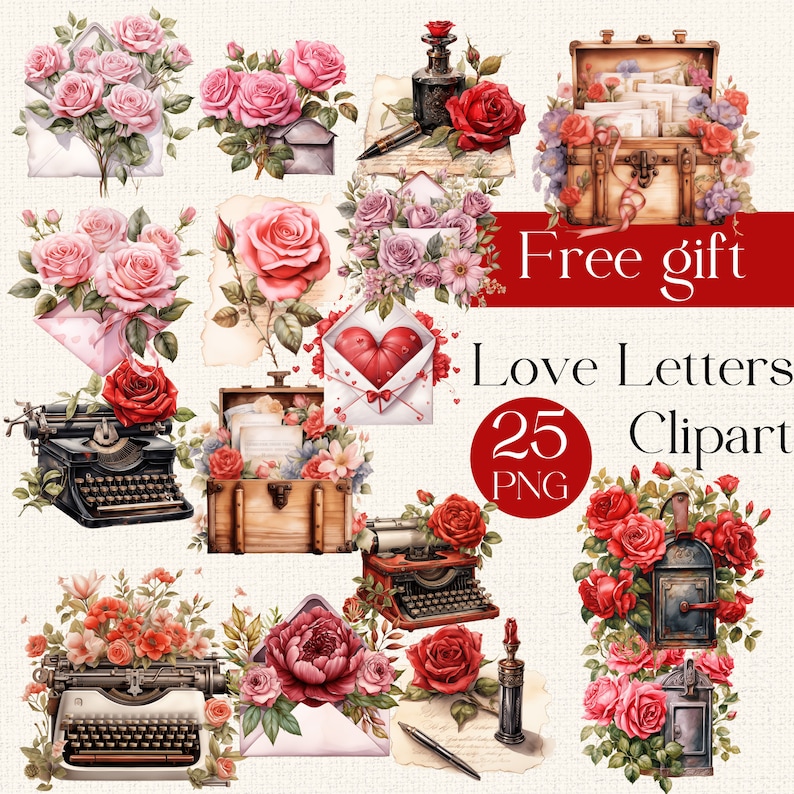 Love Letter Valentine Clipart, Watercolor Valentine's Day Clipart Set ...