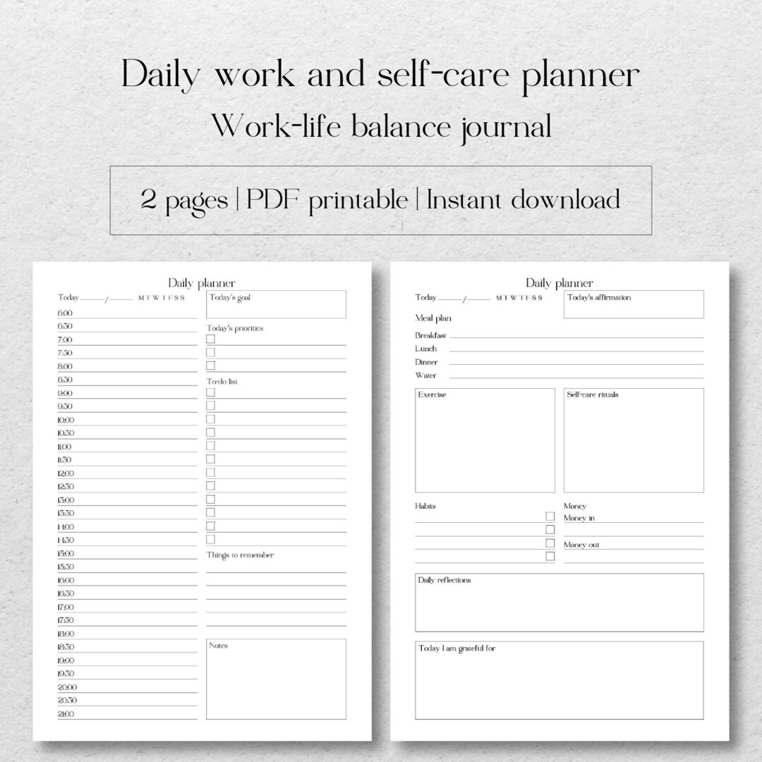 Daily Planner Printable, Work and Self-care Journal, 2-page PDF. Daily ...