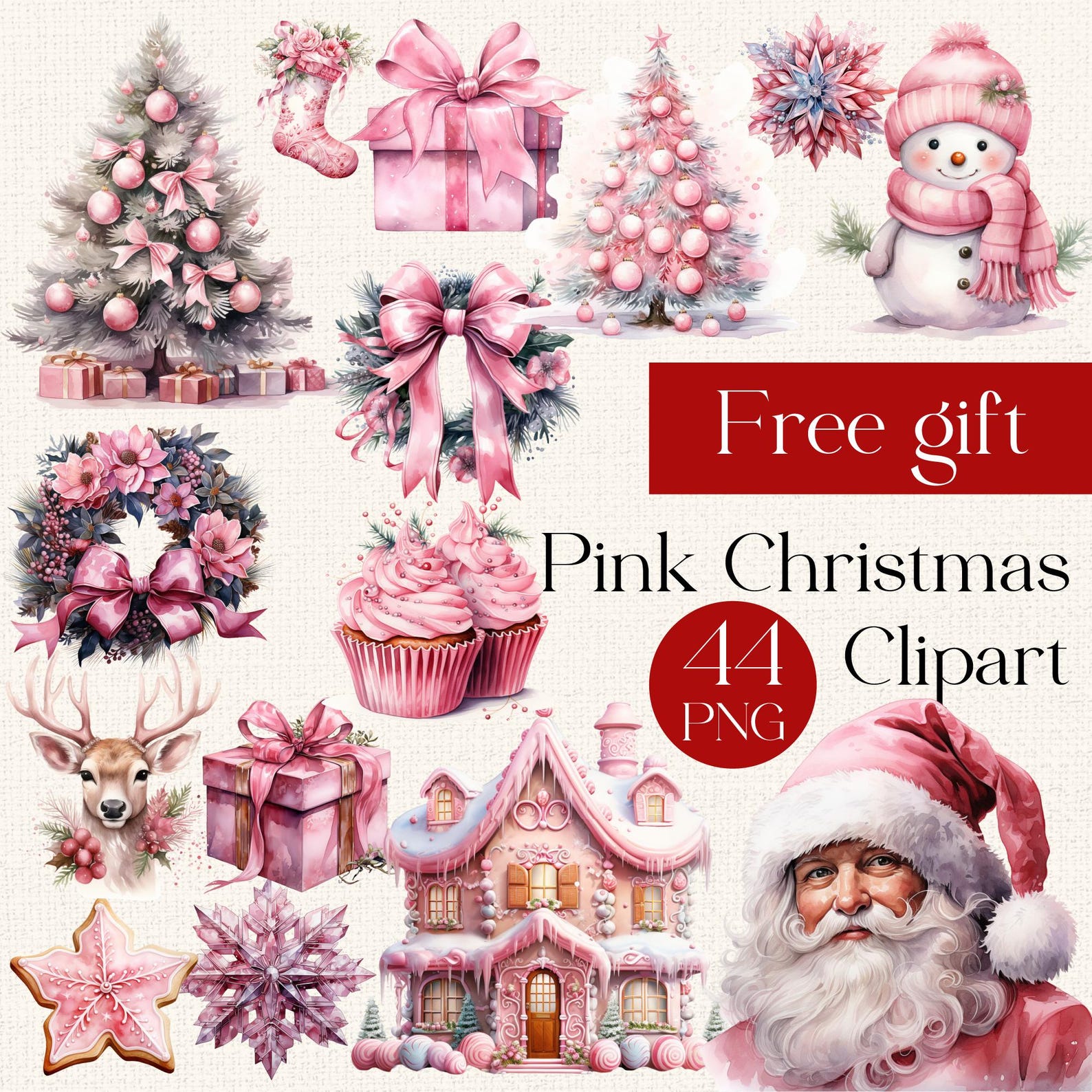 44 Watercolor Pink Christmas Clipart, Winter Graphics, Christmas Winter ...
